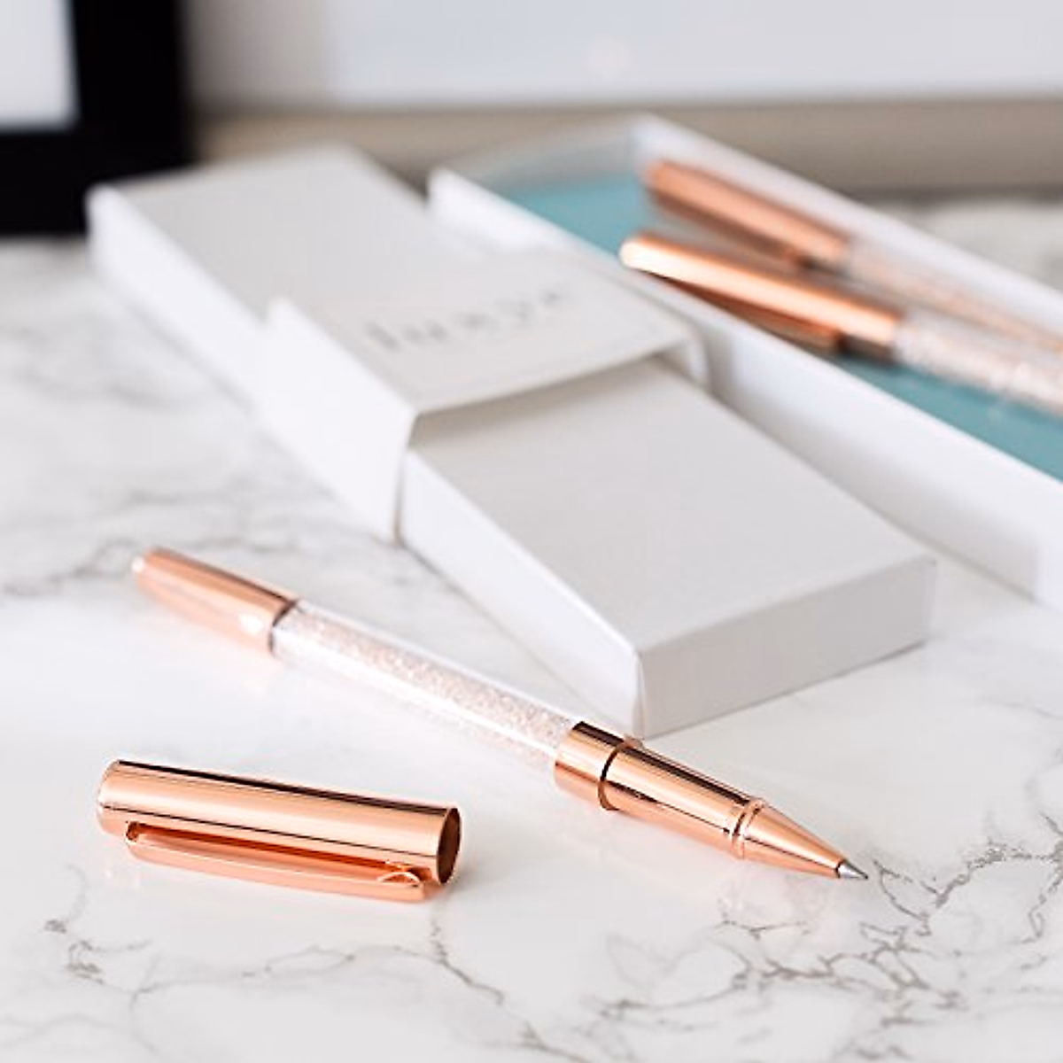 luxye Crystal Pen - 3 Pcs Rose Gold Crystal Gel Pens with Cap in Glossy White Gift Box | Rose Gold Pen Office Supplies Gifts for Women, Bridesmaids, Birthday, Coworkers, Wedding (Rose - Black Ink)