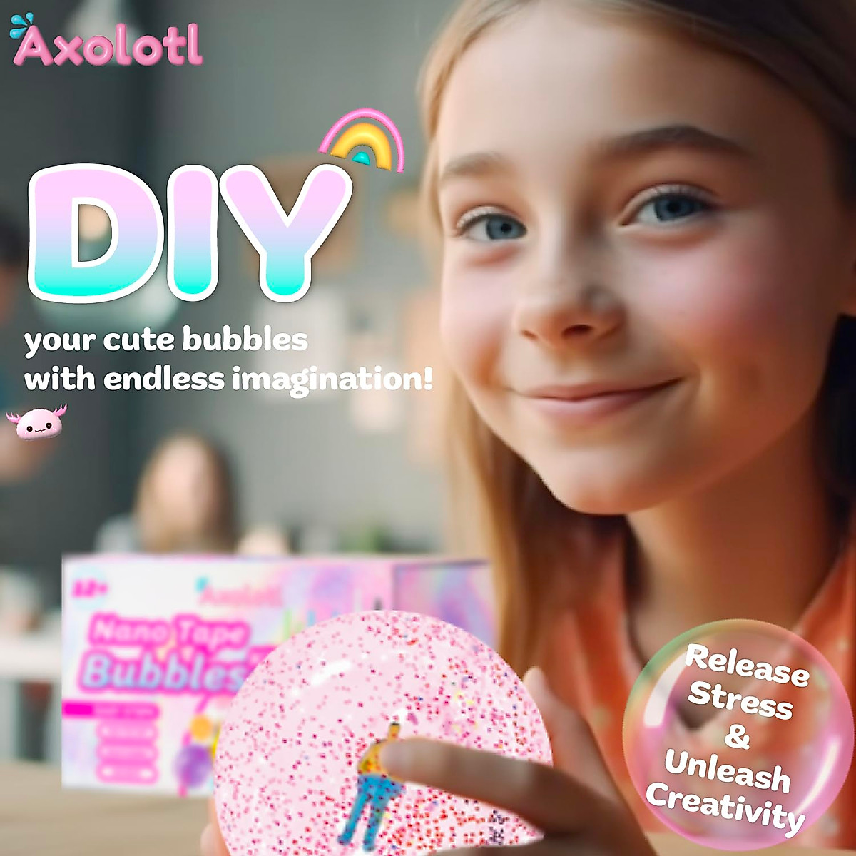 Axolotl Nano Tape Bubble Kit, Double Sided Tape Elastic Bubbles DIY Craft Kit, Stress Balls Toys, Squishy Ball, Anxiety Relief Toy, Party Favors and Fidget Toys for Girls, Boys, Kids