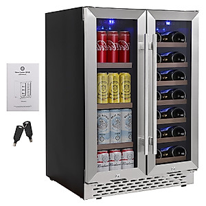 Wine and Beverage Refrigerator, 24 Inch Dual Zone Wine Cooler with Glass Door, Built-In Cooler with Independent Temperature Control and Quite Cool System, 40 Bottles and 55 Cans Capacity