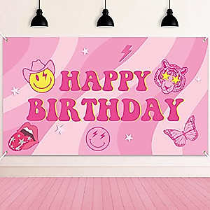 AellasNervalt Preppy Birthday Party Backdrop Hot Pink Smiling Face Lip Butterfly Banner Extra Large Y2k Happy Birthday Background Banners Photo Booth Prop Decor Supplies for Girls Party 6.6 x 3.8 ft