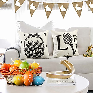 Ohok Easter Pillow Covers 18x18 Set of 4 Spring Pillow Covers Black and White Striped Rabbit Basket Decorative Pillow Covers for Farmhouse Home Decor Sofa Couch Chair Bed Bedroom Living Room