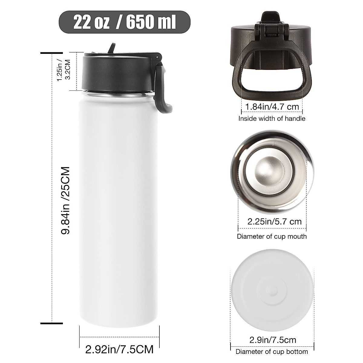 Volhoply Insulated Water Bottles with Straw Bulk 8 Pack, 22 oz Stainless Steel Sports Bottle with Handle Lid,Metal Travel Water Thermos with Wide Mouth, Reusable Cold Water Flask for Bike(White,8 Set)