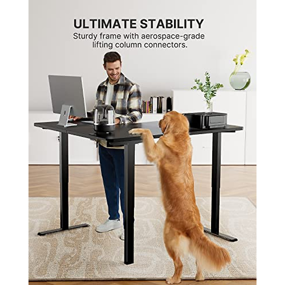 Marsail Corner Stand Up Desk Adjustable Height with 4-in 1 Electical Outlet, L Shaped Electric Standing Desk with Headphone Hook, Stand up Desk for Home Office Sturdy Writing Workstation Black