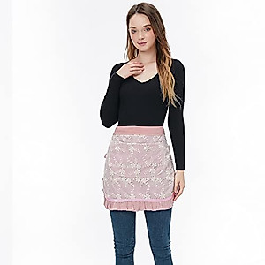 Cotton Lovely Half Apron Fashion Lace Embroidered Restaurant Bistro Waitress Apron Kitchen Waist Apron for Womens Girls (Pink)