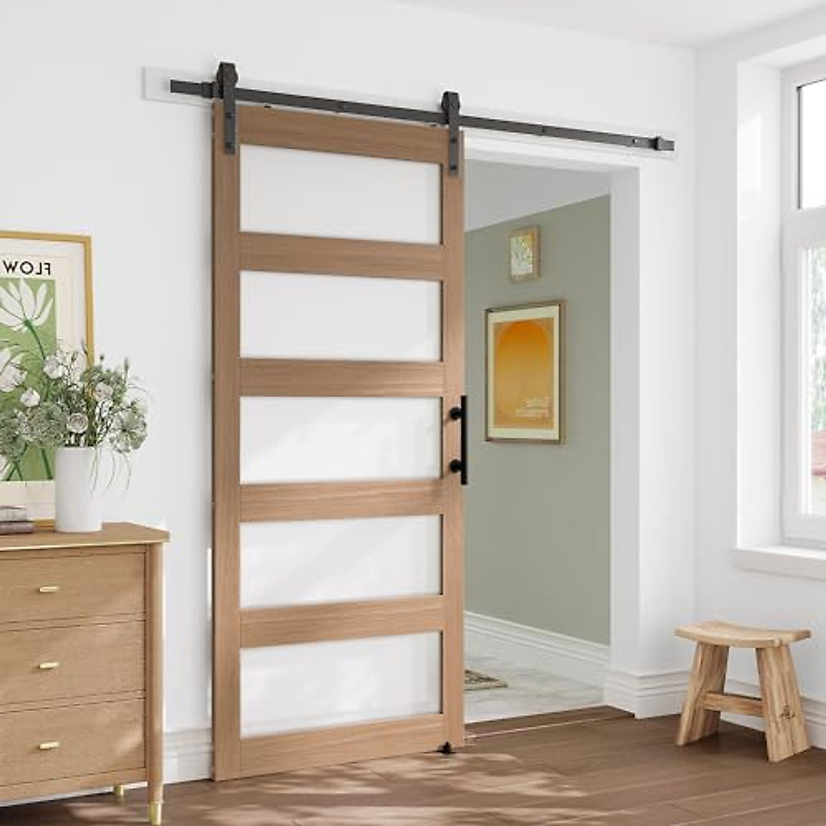 COSHOMER 36in x 84in 5-Panel Sliding Glass Barn Door with 6.6ft Hardware Kit Included, Easy Assembly with Pre-Drilled Holes, Waterproof, Frosted Glass - Fit Max Opening 34in x 82in, Natural Walnut