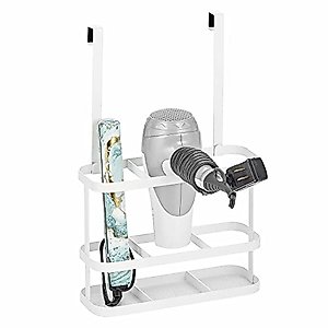 mDesign Steel Bathroom Over Cabinet Door Hair Tool Storage Organizer Accessory Basket Tray, Hang Holder for Hair Dryer, Straightener, Curling Iron, Styling Products, Carson Collection, White