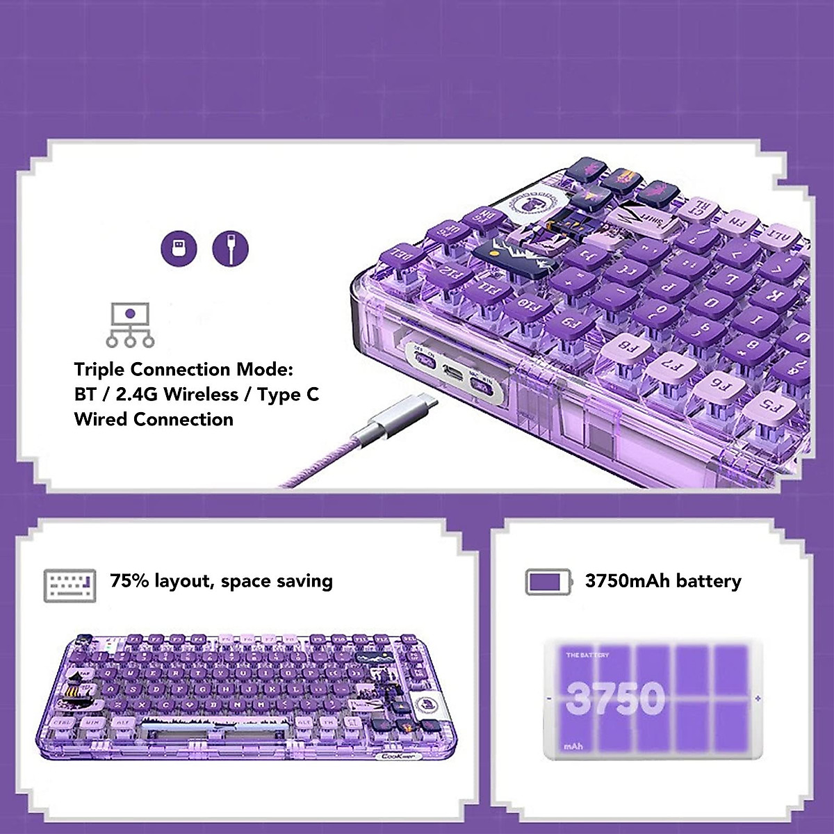 Heayzoki BT Mechanical Keyboard, Wireless RGB Gaming Keyboard, Hot Swappable Triple Modes 2.4G Wired BT Transparent Case Keyboard with 2 Layers Keycaps for Office School