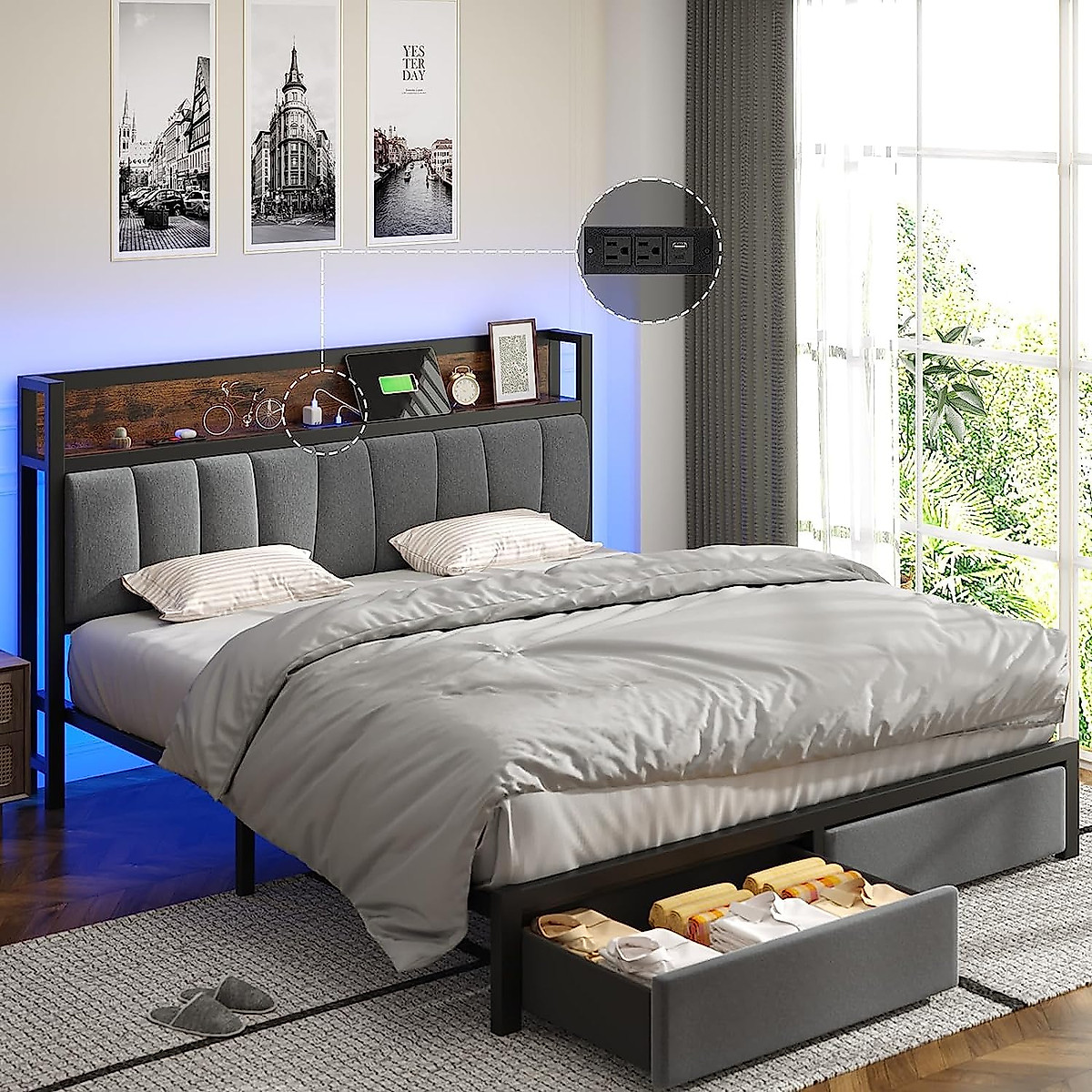 Fastroby LED Upholstered Queen Bed Frame with Storage Headboard, Drawers and Charging Station, Easy Assembly, No Box Spring Needed