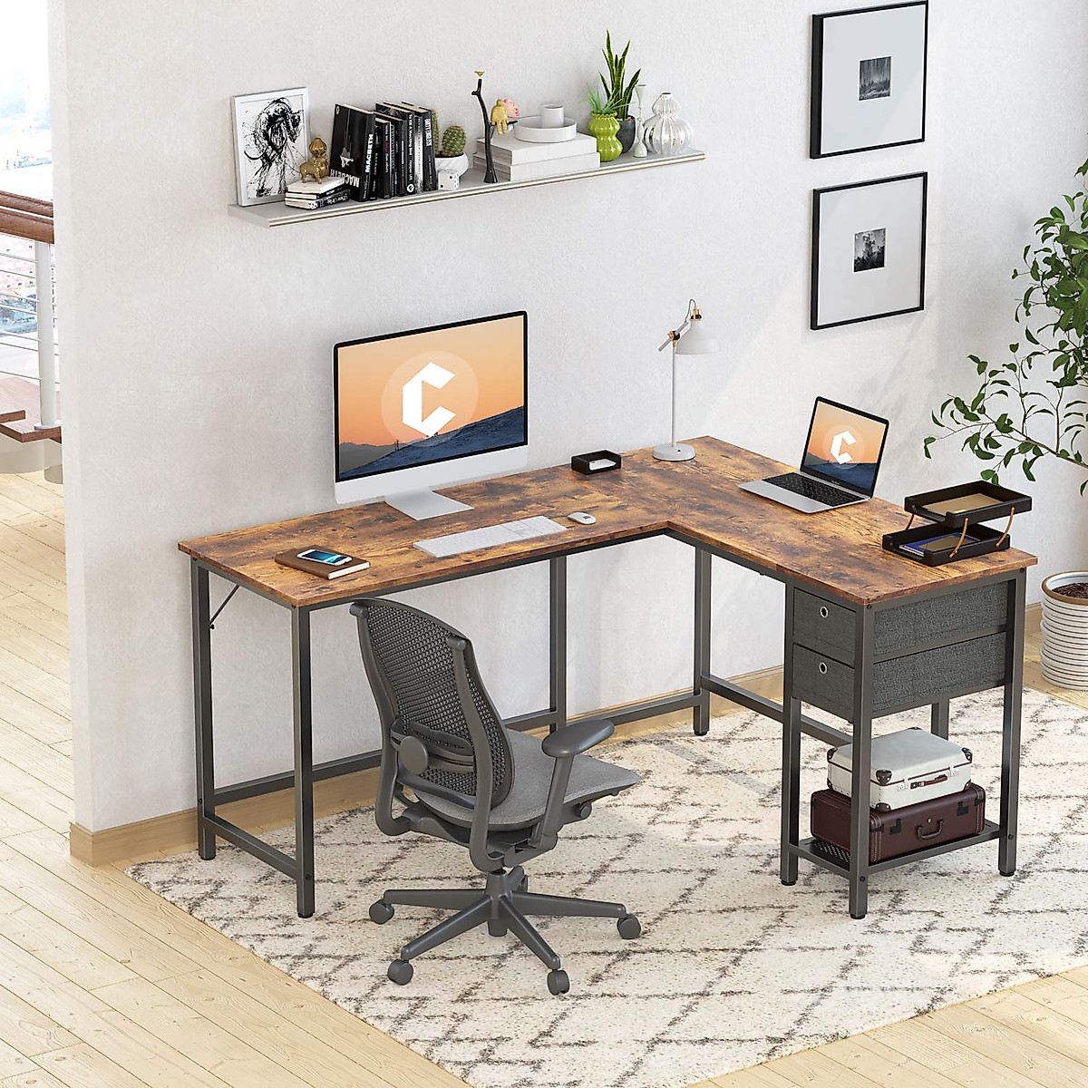 Cubiker L-Shaped Computer Desk, Gaming Corner Desk with Non-Woven Drawer, Home Office Sturdy Writing Table, Space-Saving, Easy to Assemble