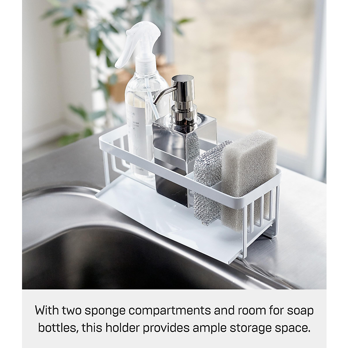 Yamazaki Home Tower Self-Draining Sponge And Soap Bottle Rack, Kitchen Sink Organizer Metal Holder With Removable Tray - Steel