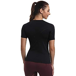 RUNNING GIRL Seamless Workout Shirts for Women Dry-Fit Short Sleeve T-Shirts Crew Neck Stretch Yoga Tops Athletic Shirts (TX2443Black, M)
