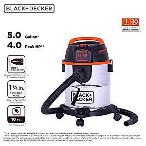 BLACK+DECKER Shop Vacuum Wet and Dry, Stainless Steel Shop Vac with Attachments, Blower Function, 5 Gallon 4.0 Peak HP, 3-in-1, for Home, Car, Workshop and Jobsite, BDXV18143