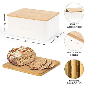 Beautiful Bread Box With Wooden Lid For Your Kitchen Countertop - Spacious Container Perfectly Stores Your Homemade Bread, English Muffins & Bagels - Quality Cutting Board Lid Keeps Your Bread Fresh