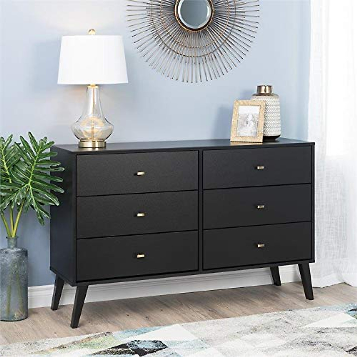 Prepac Milo Mid-Century 6 Drawer Dresser For Bedroom, 16" D x 52.50" W x 33" H, Black