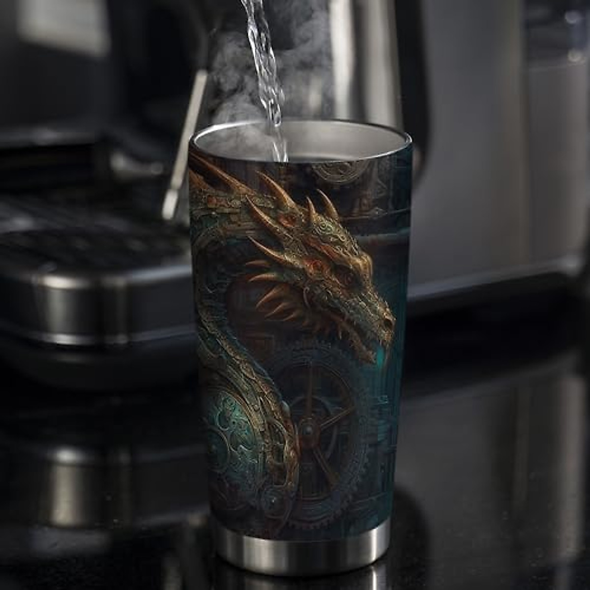 64HYDRO 20oz Steampunk Mechanical Engineer Clockwork Dragon Tumbler, Gaming, Gamer Gifts for Dragon Lovers, Stainless Steel Double Wall Vacuum Insulated Coffee Mug, Travel Cup with Lid