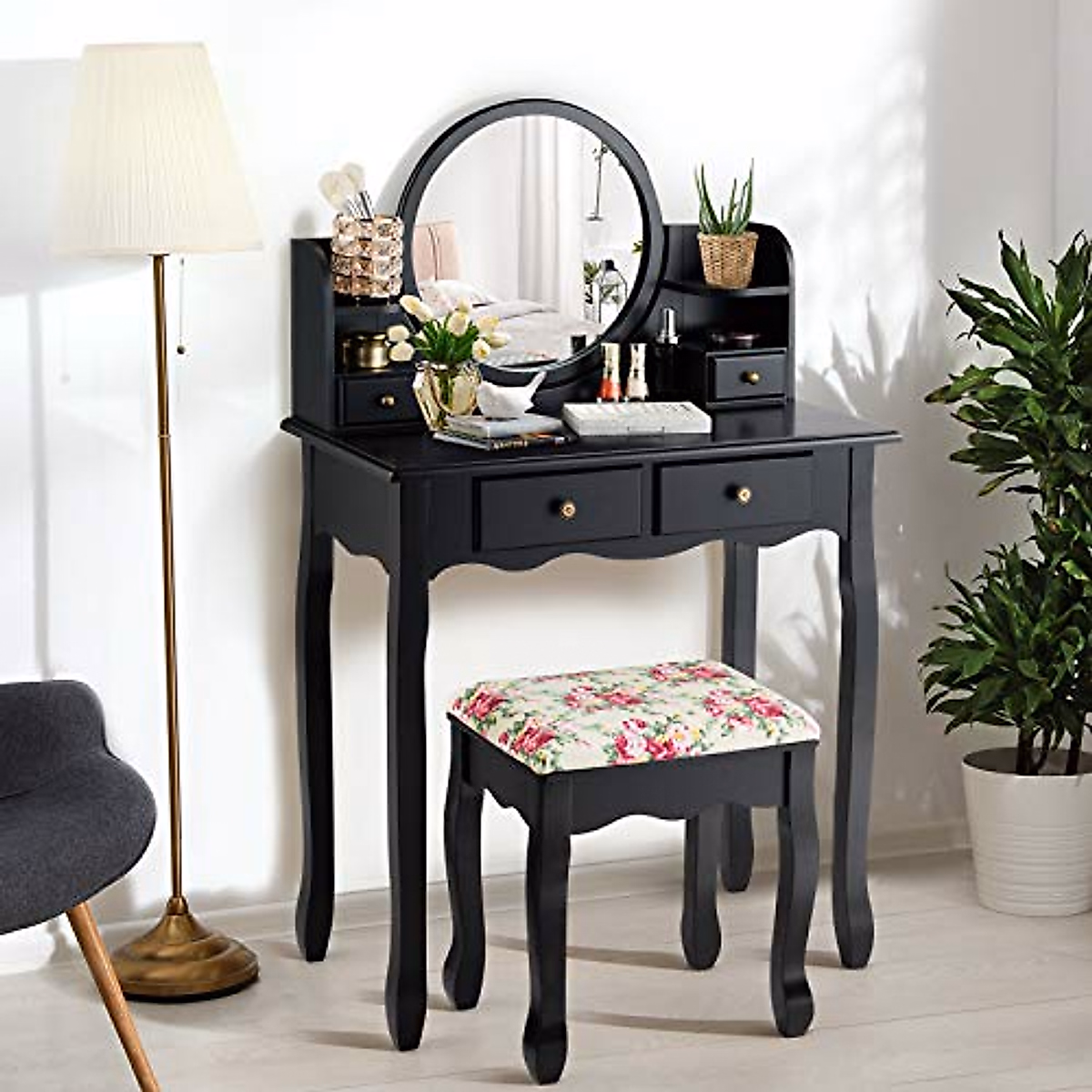 CHARMAID Vanity Set with 4 Storage Shelves and 4 Drawers, Makeup Table with 360° Pivoted Round Mirror and Makeup Organizers, Dressing Table with Mirror and Cushioned Stool for Women Girls (Black)