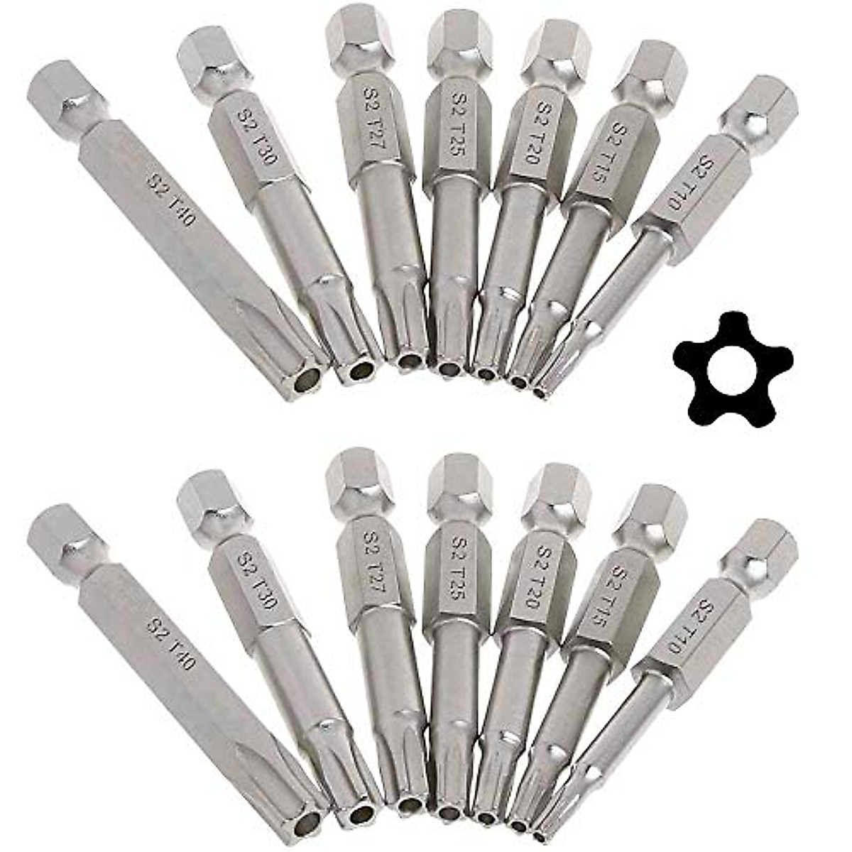 Bestgle 14pcs 1/4 Inch Hex Shank Torx Star 5 Point Screwdriver Bits T10-T40 Magnetic Security Tamper Proof Torx Head Screw Driver Bit Set, 50mm Length(Set of 2)