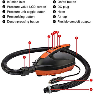 Tuomico SUP Pump Electric Paddle Board Pump with Auto-Off Feature,Portable Inflator for Inflatable, Paddleboard,Kayak, Boats, Rafts, Pool Toys, 12V DC Car Connection