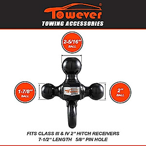 Towever 84181 Class 3/4 Trailer Hitch Tri Ball Mount with Hook (Black, Hollow Shank), for Pickup Truck Tow Hitch Receiver