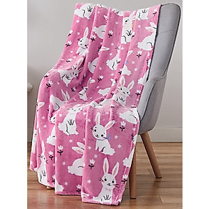 Spring Fleece Throw Blanket: Spring Bunnies and Flowers, Soft Cozy Velvet Fleece, Pink Blue White, 50" x 60" Inch for Girls and Boys (Spring Bunny)