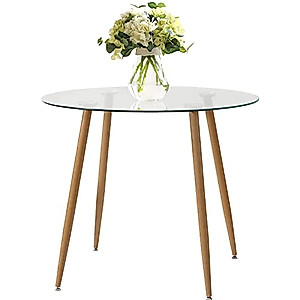 STYLIFING Round Glass Dining Table - Tempered Glass Kitchen Table Dining Room Table - Modern Small Round Dining Table for 4 with Wood Printed Transfer Metal Leg Coffee Dinner Table for Living Room