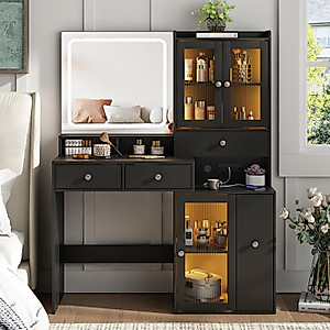 Fameill Makeup Vanity Desk with Mirror and Lights, Black Makeup Vanity with 4 Drawers and Charging Station, Vanity Table with RGB Cabinet, Dressing Table for Bedroom