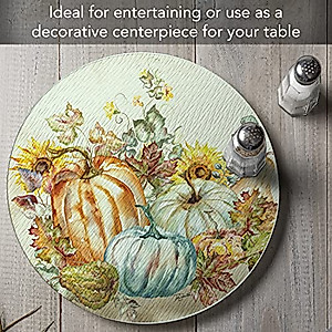 CounterArt Harvest Pumpkins & Sunflowers 4mm Heat Tolerant Tempered Glass Lazy Susan Turntable 13" Diameter Cake Plate Condiment Caddy Pizza Server
