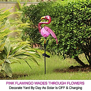 Bright Zeal 14" Big Metal Outdoor Solar Lights Waterproof Flamingo Garden LED Stake Light - Solar Pink Flamingos Yard Ornaments - Solar Stake Lights Yard Decor Solar Metal Yard Art