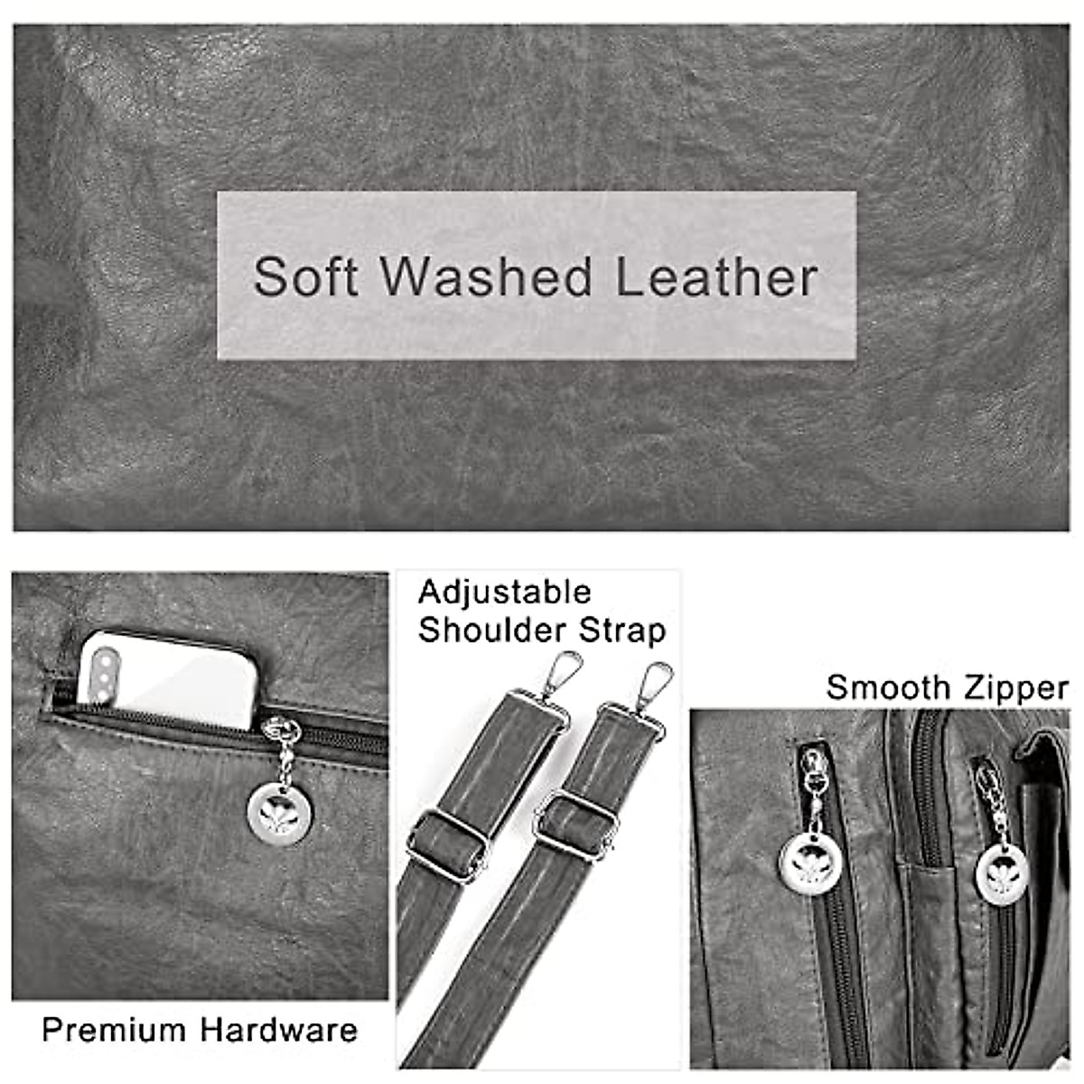 Riavika Women's Shoulder Handbags Soft Faux Leather Hobo Purses and Hand Bags Convertible Backpack Multi-pockets Tote Bag with Zipper Anti-theft Crossbody Bag Grey