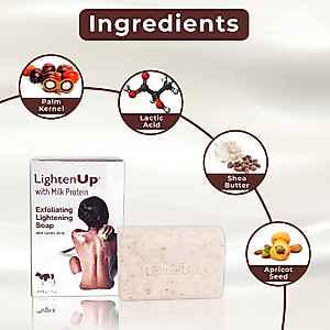 LightenUp, Lactic Acid Exfoliating Soap | 7.7 oz / 200 g | Brightening Bar, AHA Soaps for Knees, Body, Armpits | with Shea Butter, Apricot, Milk Protein