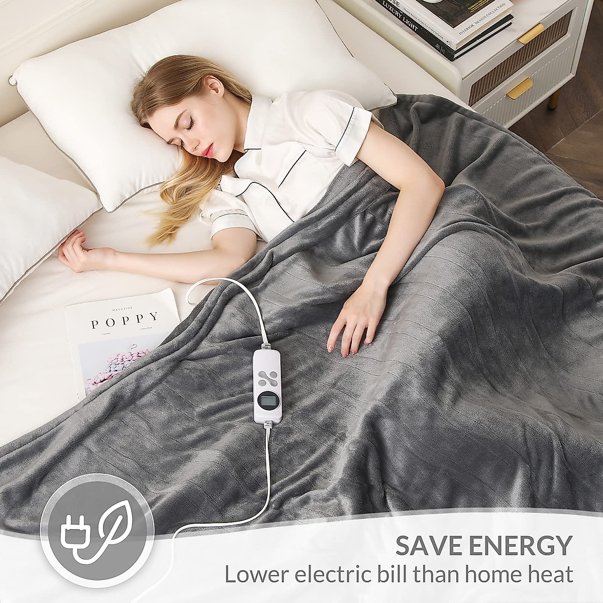 HOMLYNS Electric Blanket Twin Size with 1-12 hrs Timer Auto-Off & 10 Heating Levels, Double-Layer Flannel Heated Blanket with ETL Certification, Machine Washable Heating Blanket (62”x 84”, Grey)