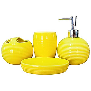 LISANEK Bathroom Accessories Set 4 Piece Ceramic Bathroom Accessories Decoration Set with Lotion Dispenser, Soap Dish,Cup,Toothbrush Holder (Yellow)