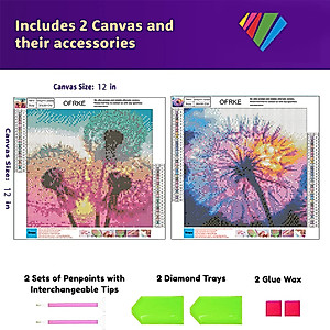 2-Piece Dandelions Diamond Painting Kits for Adults, Round Full Drill 5D DIY Diamond Art Kits for Home Wall Decor 12"x12"