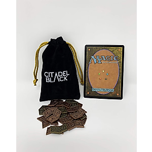 Citadel Black MTG Buff Counters Expansion Set of 30 Metal Tokens - with Velvet Drawstring Pouch, Antique Gold & Copper Finish Metal Tokens, Magic: The Gathering