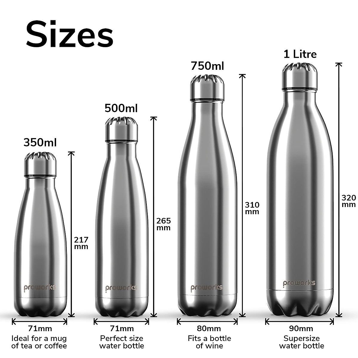 Proworks Stainless Steel Sports Water Bottle | Double Insulated Vacuum Flask for 12 Hours Hot & 24 Hours Cold Drinks - Great for Home, Work, Gym & Travel - BPA Free – Metallic Silver - 1L