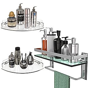 GeekDigg Bathroom Shelf with Towel bar, Wall Mounted Glass Shower Rack 15.2 by 4.5 inches 2 Pack Corner Shower Caddy, Transparent Acrylic Shelf