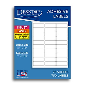 Permanent Adhesive 1" x 2-5/8" Shipping Labels - 30 per Sheet - 25 Sheets / 750 Labels - Blank White Matte Finish - Printable Mailing Address Stickers / Amazon FBA Labels for Inkjet / Laser Printers