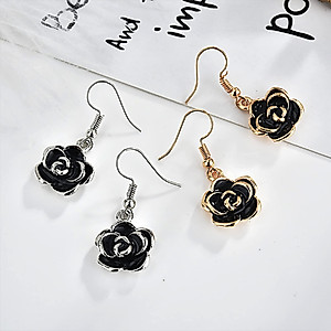 Rose Gold Plated Black Rose Flower Dangle Drop Earrings Fashion Jewelry for Women