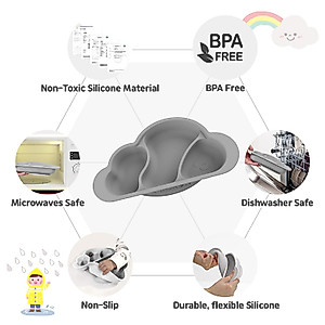 Mother's Corn Suction Plate for Baby | Divided Food-Grade 100% Silicone Feeding Bowls and Dishes for Kids, Infants & Toddlers - BPA-Free, Microwave, Dishwasher & Oven Safe | Cloud Design | Grey