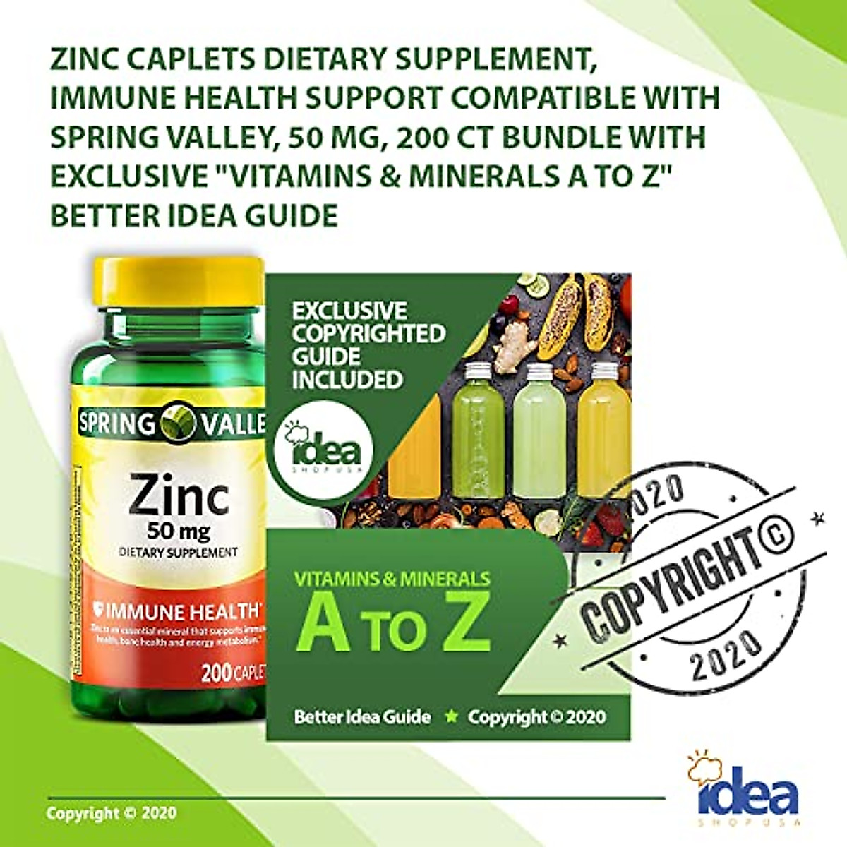 Zinc Caplets Dietary Supplement, Immune Health Support Compatible with Spring Valley, 50 mg, 200 Ct Bundle with Exclusive "Vitamins & Minerals A to Z" - Better Idea Guide (2 Items)