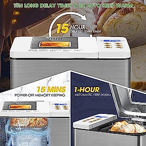 KEEPEEZ Bread Machine Dual-Heaters, 19-in-1 Horizontal Bread Maker, Gluten Free, Sourdough, Pizza Dough, Jam, Stir-Fry Setting, Stainless Steel, 3 Crust Colors, Nonstick Pan, Auto Keep Warm, Recipes