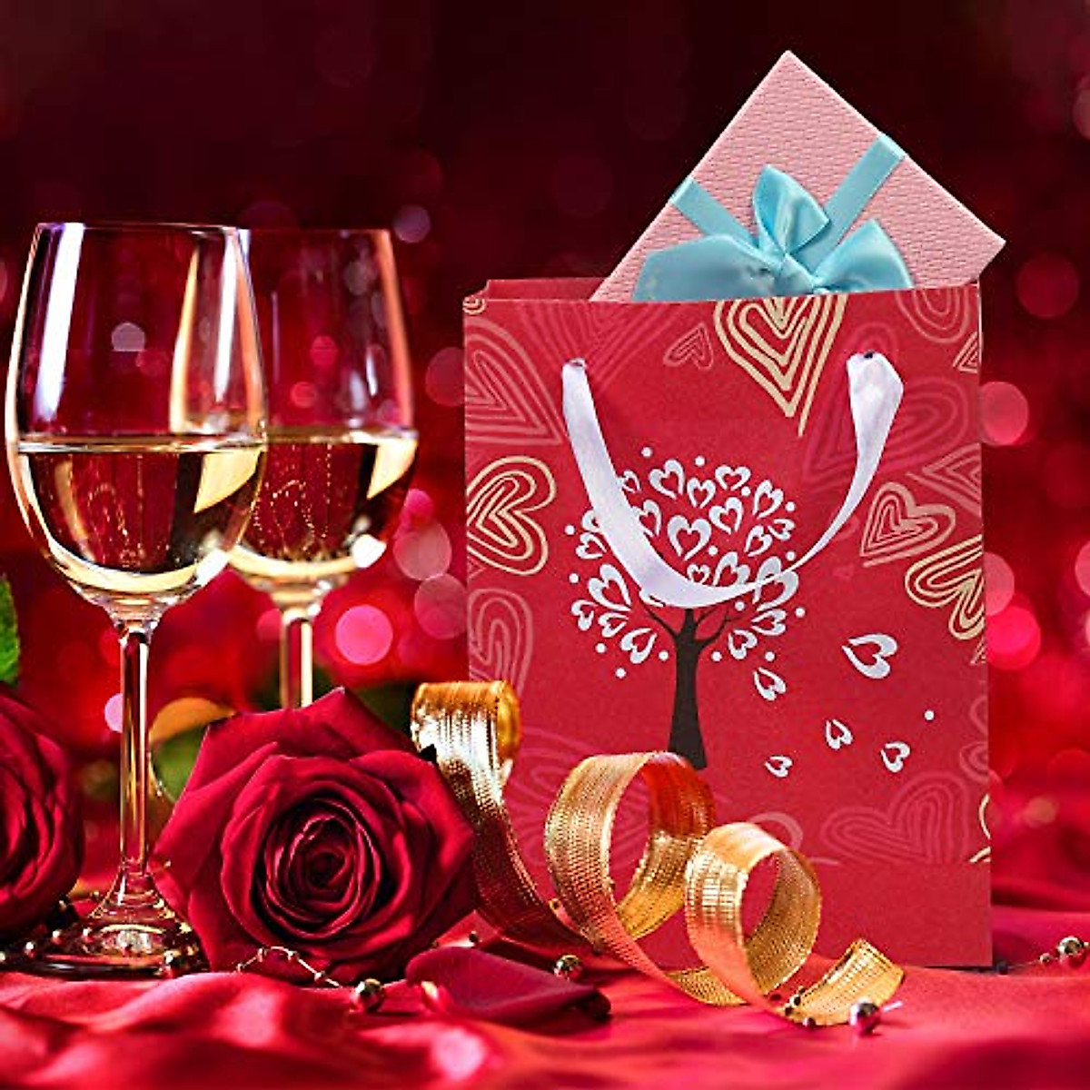 24 Pieces Valentines Paper Bags Kraft Party Hearts Bags with White Ribbon for Valentines Day Galentines Day Anniversary, 7.9 x 6.3 x 2.4 Inch/ 20 x 16 x 10 cm,8 Styles