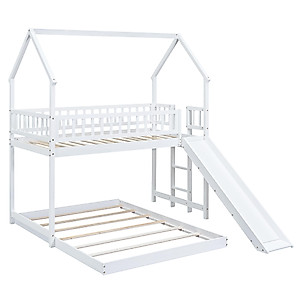 Harper & Bright Designs House Bunk Bed with Slide, Wood Twin Over Full L-Shape Bunk Bed Frame with Roof, Full-Length Guardrail, Built-in Ladder for Kids Teens, No Spring Box Required (White)