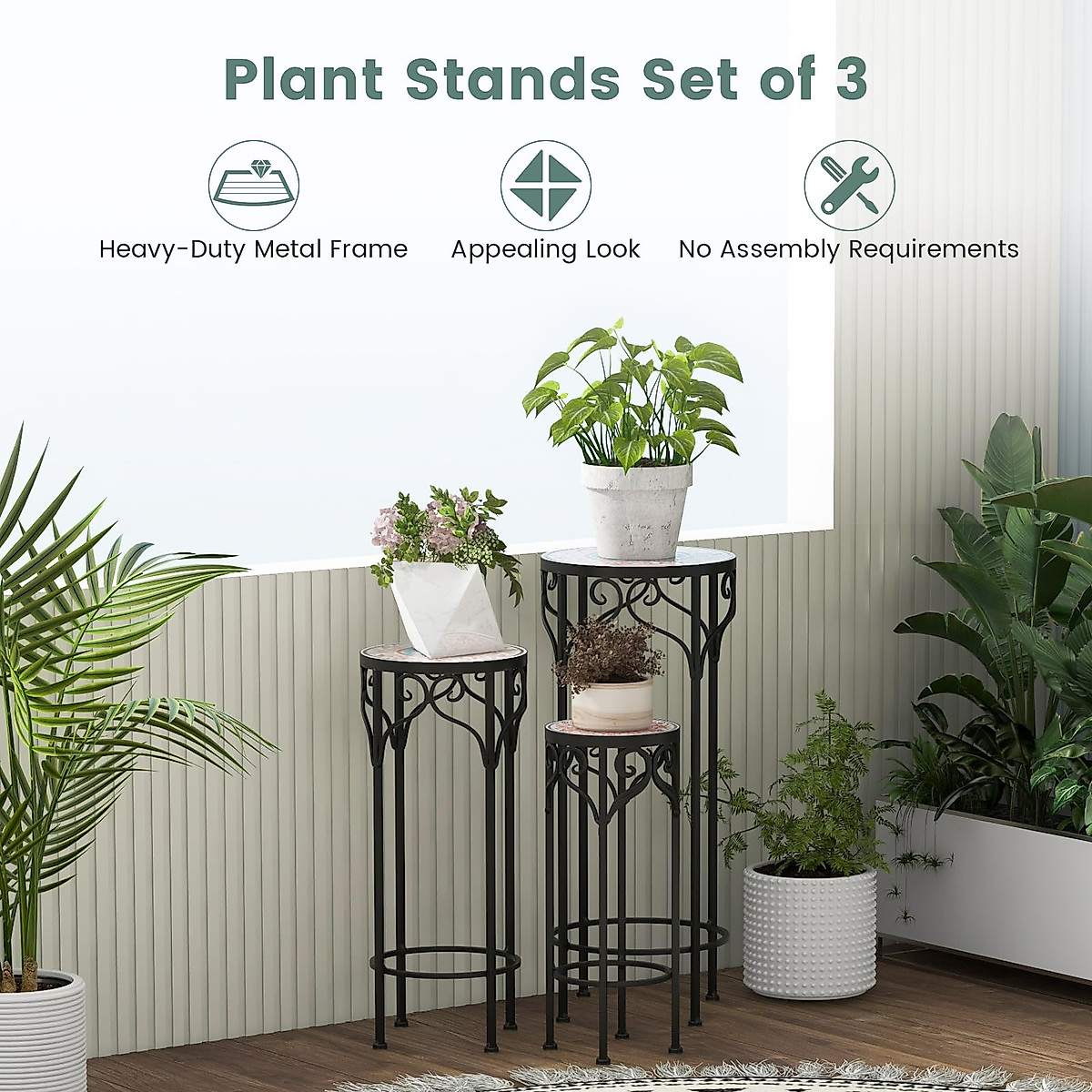 Giantex Metal Plant Stand Set of 3, 28" Mosaic Tall Flower Stand with Ceramic Top, Round Tile Nesting Display Side Table, Indoor Outdoor Flower Holder for Wedding Party Patio Living Room