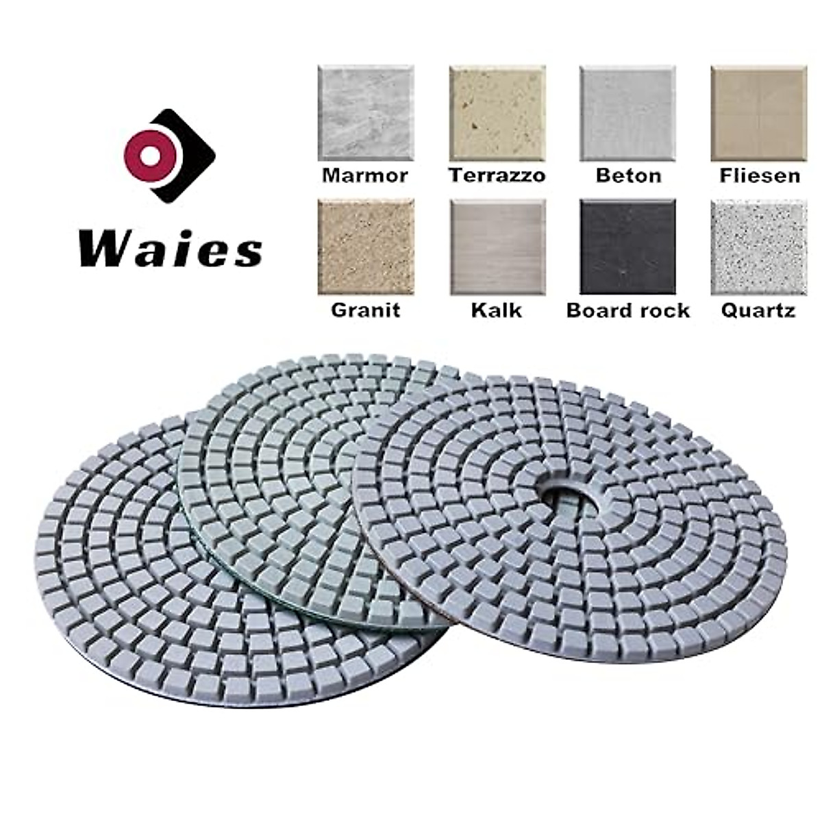 Waies 11 Packs 5 Inch Diamond Polishing Pads with 5/8"-11 Backer Pad 9 PCS Wet/Dry Polish Pad Kit for Drill Grinder Polisher 50-10000 Grit Pads for Marble Tile Quartz Granite Concrete Countertop