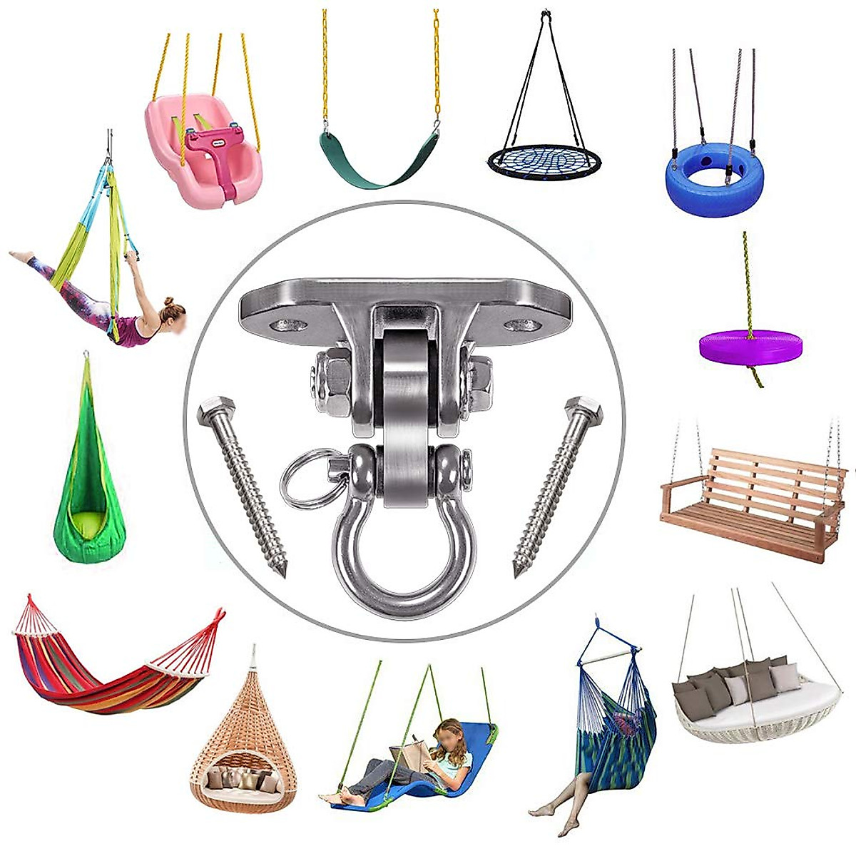 IOH 2 Pcs Heavy Duty Swing Hangers Stainless Steel 304 antirust【2000 lb Capacity】 180° Silent Swing, Playground Porch Yoga Seat Trapeze, Hammock Chair, Hanging Kit, Swing Set Indoor Outdoor