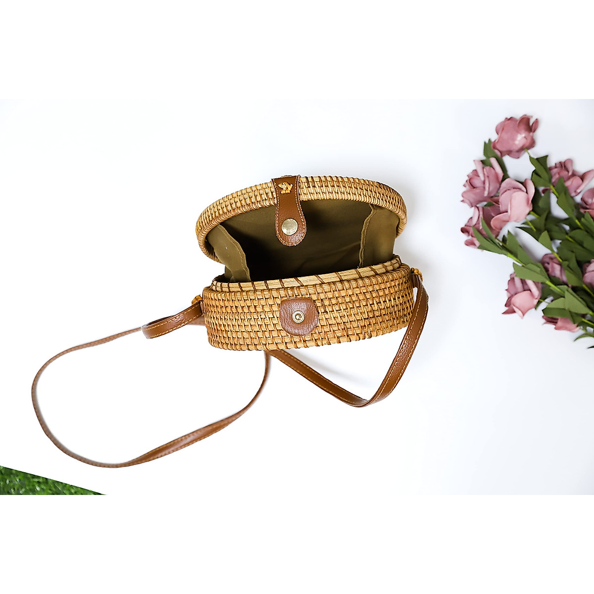 Zerodist Round Rattan Bags for Women Handmade Wicker Women Purse Handbag Crossbody Shoulder Womens leather Straps Purse (3)