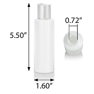 JUVITUS 4 oz / 120 ml White Plastic HDPE Refillable Cylinder Squeeze Bottle with Silver Disc Cap (6 Pack)