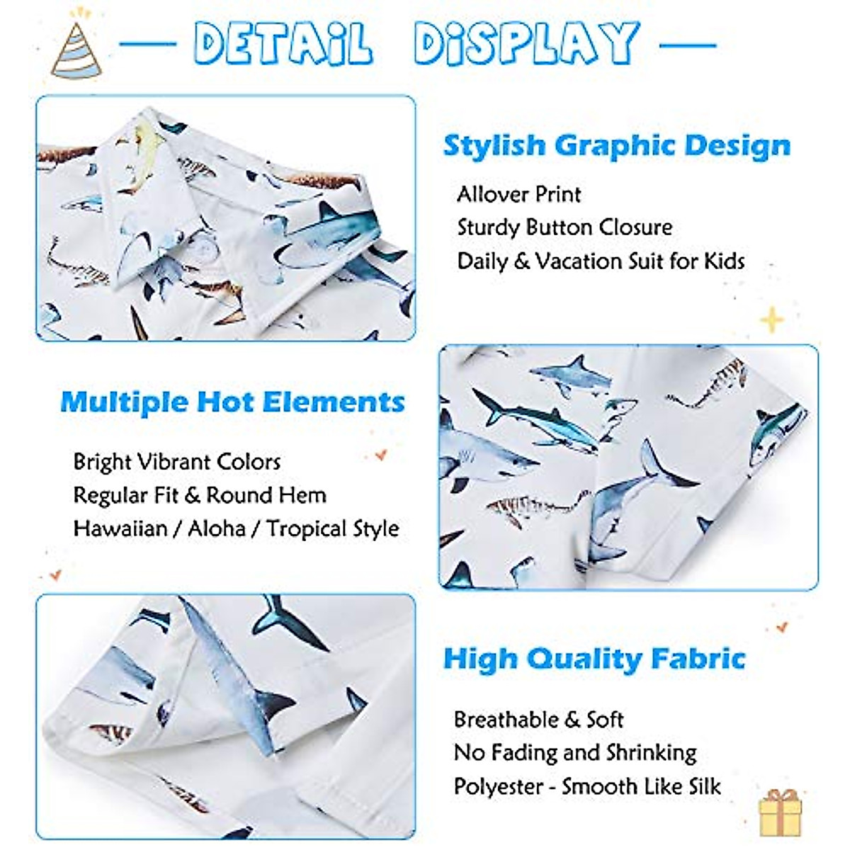 9-10 Years Old Boys Button Down Shark Shirt Short Sleeve White Blouse for Teenagers Cool Clothing Big Children School Holiday Party Tops Tee Beach T Shirt