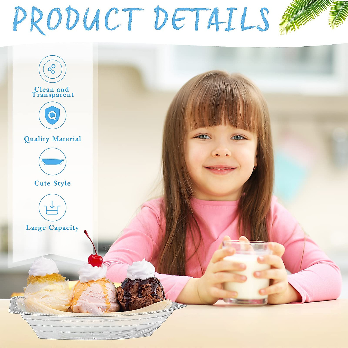 32 Pcs 8 Oz Disposable Banana Split Boats with Spoons, Clear Plastic Ice Cream Sundae Bowls Banana Split Ice Cream Dishes Dessert Bowls Splits Bowl Tray for Kids Birthday Party Graduation